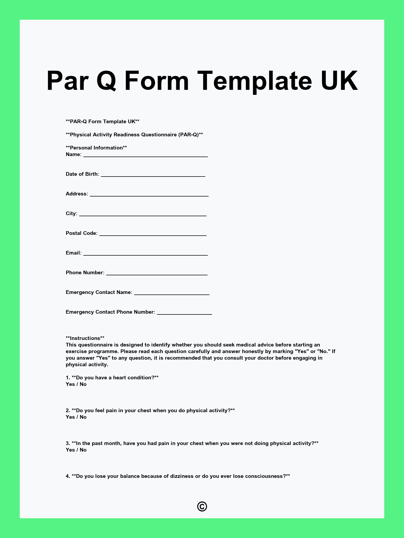 Par Q Form Template UK