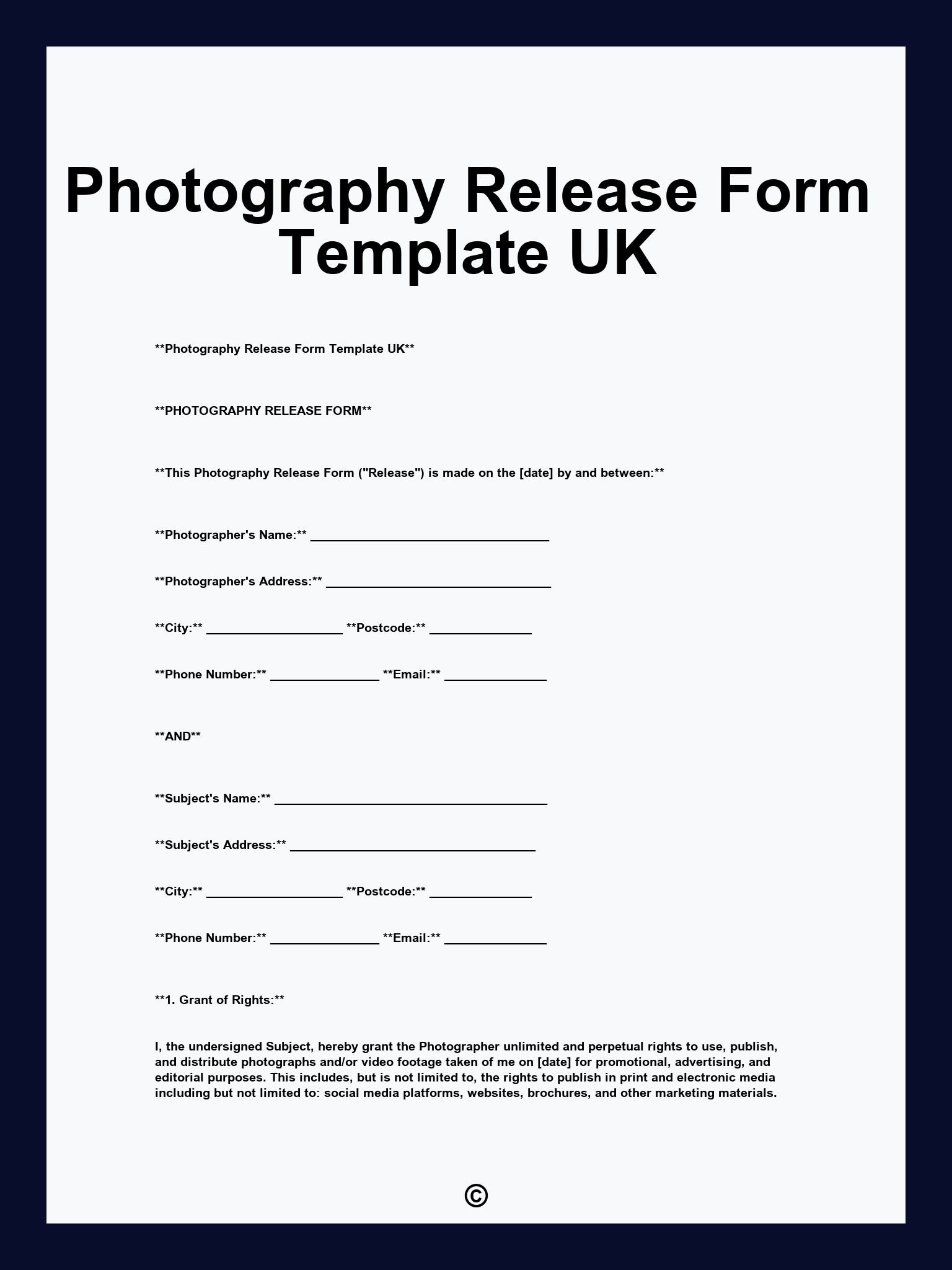 Photography Release Form Template UK